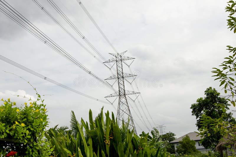 High Electrical Transmission Line and Pylon Powerful Station with Tree ...