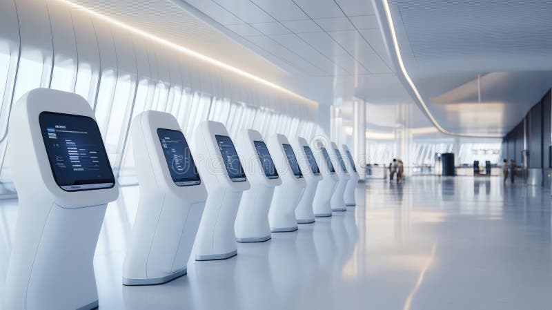 A High-end Airline Check-in Zone Features Sleek Self-service Kiosks ...