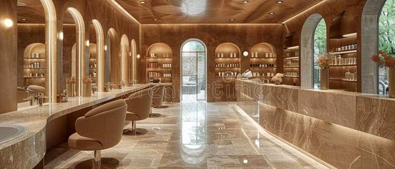High-end Beauty Salon with Marble Counters and Plush Seating Stock ...