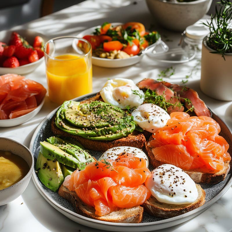 High-end Brunch Spread Featuring Avocado Toast with Smoked Salmon and ...