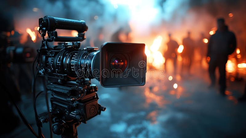 High-end Camera Capturing Dramatic Scene with Flames in Background and ...