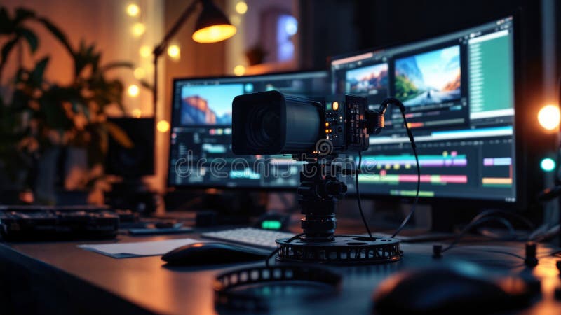 High-end Camera on Desk with Video Editing Monitors in Dimly Lit ...