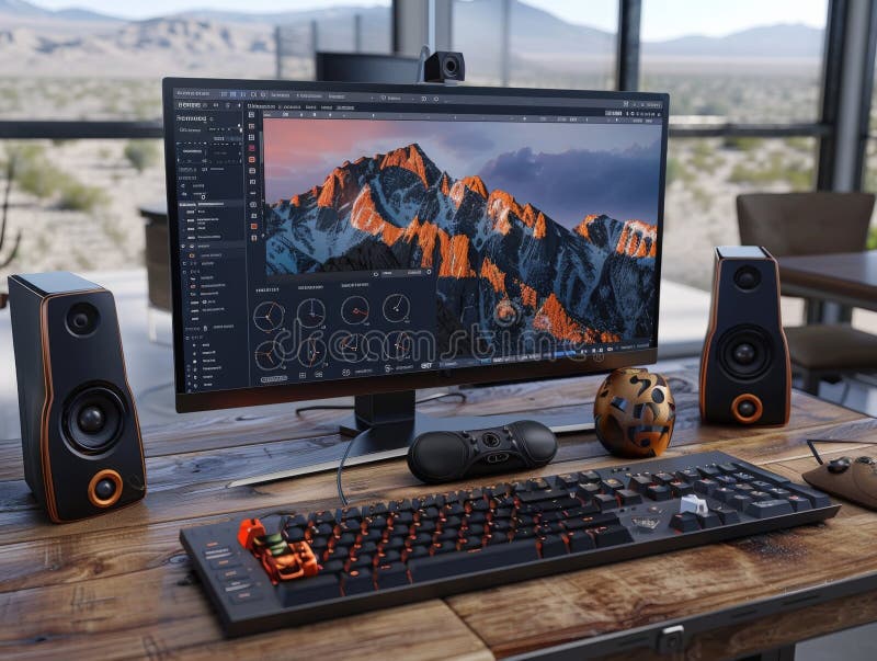 High-end Computer Setup with Mountains Displayed on Screen and Modern ...