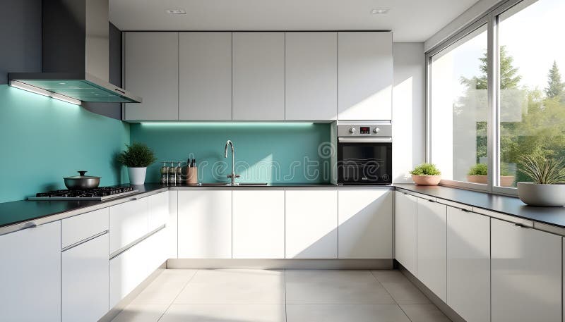 High-End Contemporary Kitchen with Turquoise Splashback and Panoramic ...