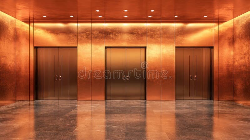A High-end Copper Hallway, Featuring Reflections and Warm Lighting ...