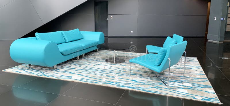 Couch and Arm Chairs in Bright Blue Color Stock Photo - Image of decor ...