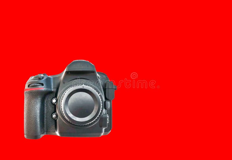 High End Dslr Camera Front View, Isolated on a Red Background Stock ...