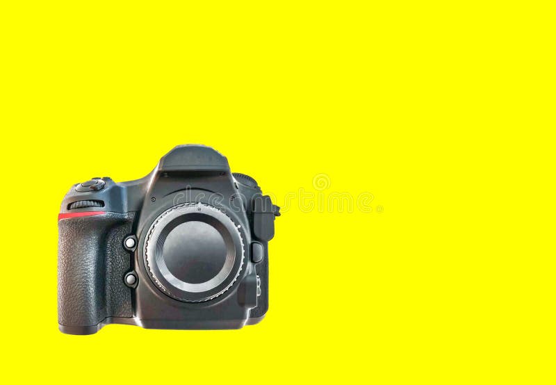 High End Dslr Camera Front View, Isolated on a Yellow Background Stock ...