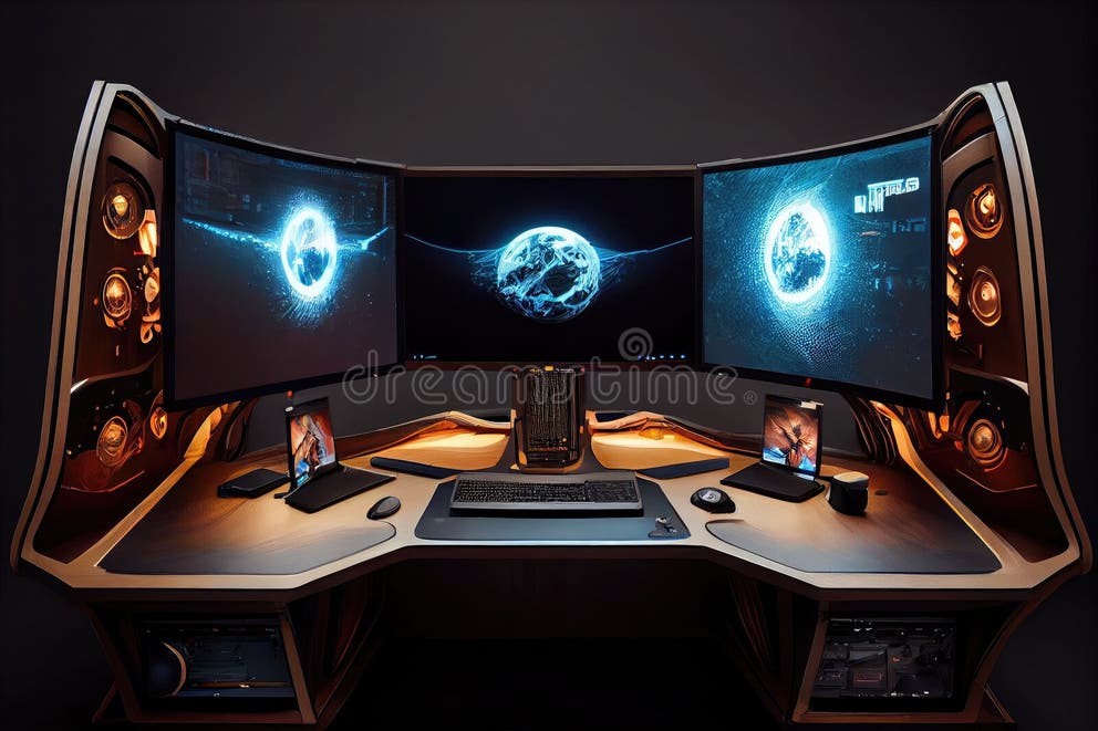 High-end Gaming Desk with Powerful Computer and Multiple Monitors for Immersive Experience Stock ...