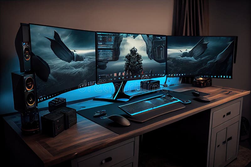 High-end Gaming Desk with Powerful Computer and Multiple Monitors for ...