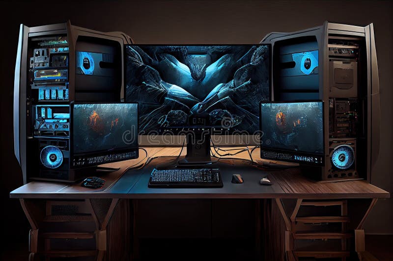 High-end Gaming Desk with Powerful Computer and Multiple Monitors for ...