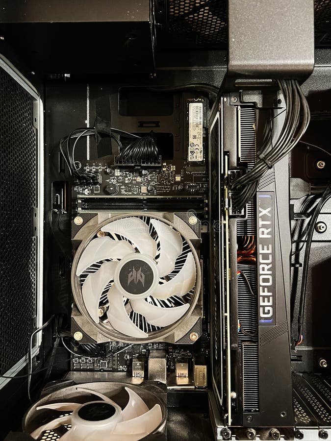 High-end Gaming PC Interior with Graphics Card and Cooling Components ...