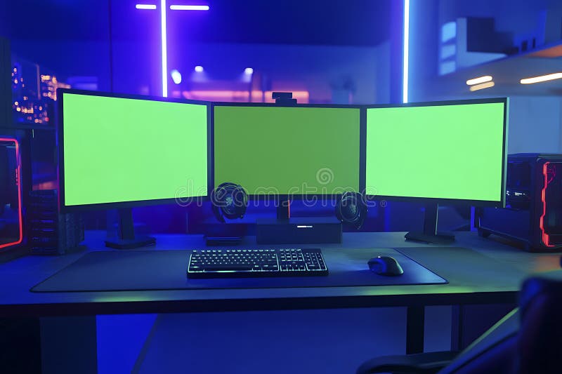High-End Gaming Setup with Dual Green Screen Monitors for Streamers ...