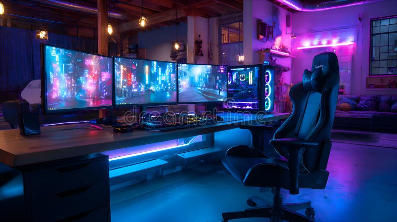 High End Gaming Setup Featuring Multiple Monitors and Rgb Lighting ...