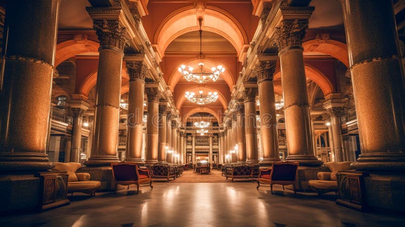 A High-End Hotel Lobby with Classic Design Pillars and Luxurious ...