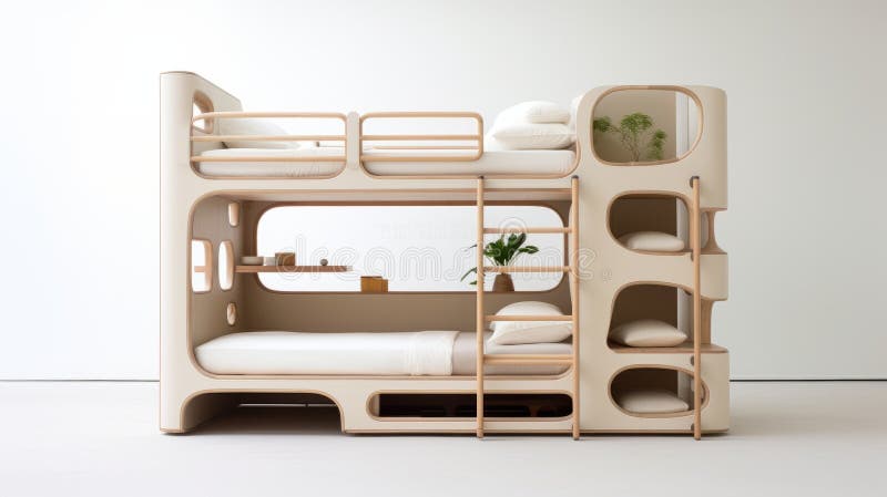 High End Large Modern Comfy Bunk Bed in Light Beige Fabric Stock ...