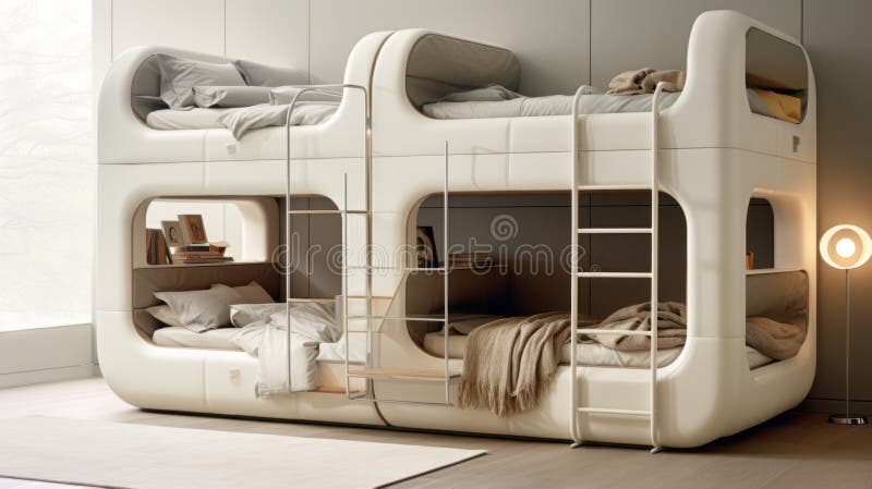 High End Large Modern Comfy Organic Modular Bunk Bed in Beige Fabric ...