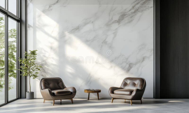 A High-end Living Room Interior with a White Pattern and Marble Wall ...