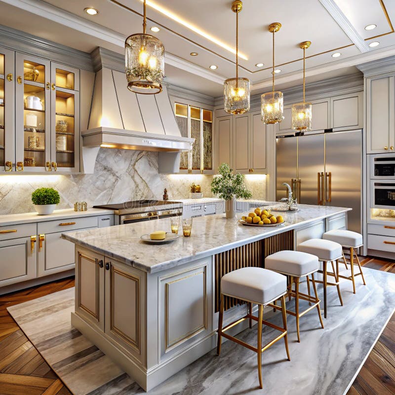 High-End Luxury Kitchen with Marble Countertops and Gold Accents Stock ...