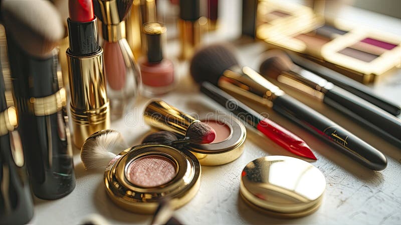 High-end Makeup Tools and Products, Elegantly Displayed on Tabletop ...