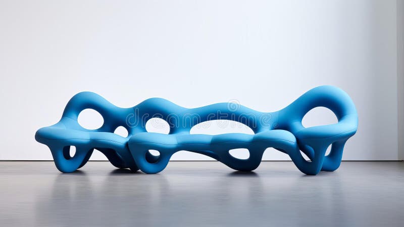 High-end Modern Fixed Organic Modular Bench in Blue Fabric Stock ...
