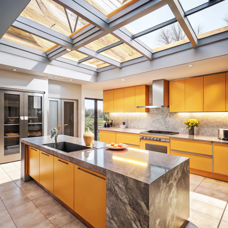 High-End Modern Kitchen with a Glass Ceiling and Metallic Accents Stock ...