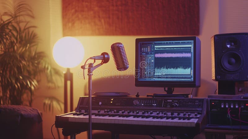 High-end Recording Setup Featuring Microphone and Headphones in a Cozy ...