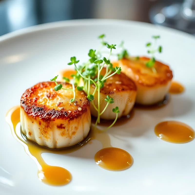 A High End Restaurant Presentation of Seared Scallops on a White Plate ...