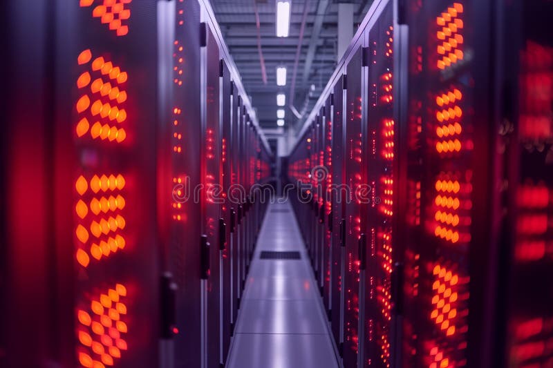 High-end Server Room Illuminated by Rows of Red and Yellow Lights Stock ...
