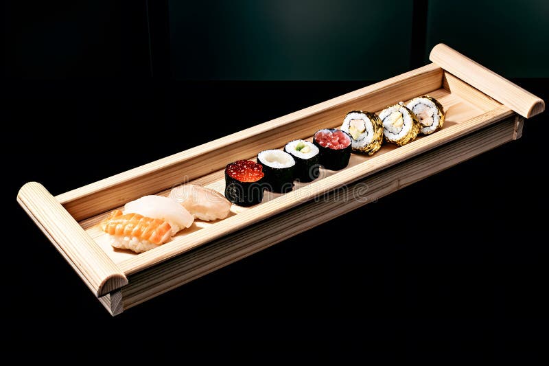 High-end Sushi Assortment Adorned with Gold Leaf, Side Daylight on ...