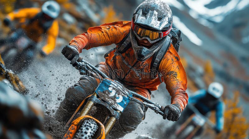 HighEnergy Downhill Race with Multiple Riders in Action Stock ...