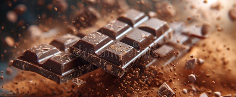 Closeup of Chocolate Bars Exploding in Cocoa Powder, Creating a ...