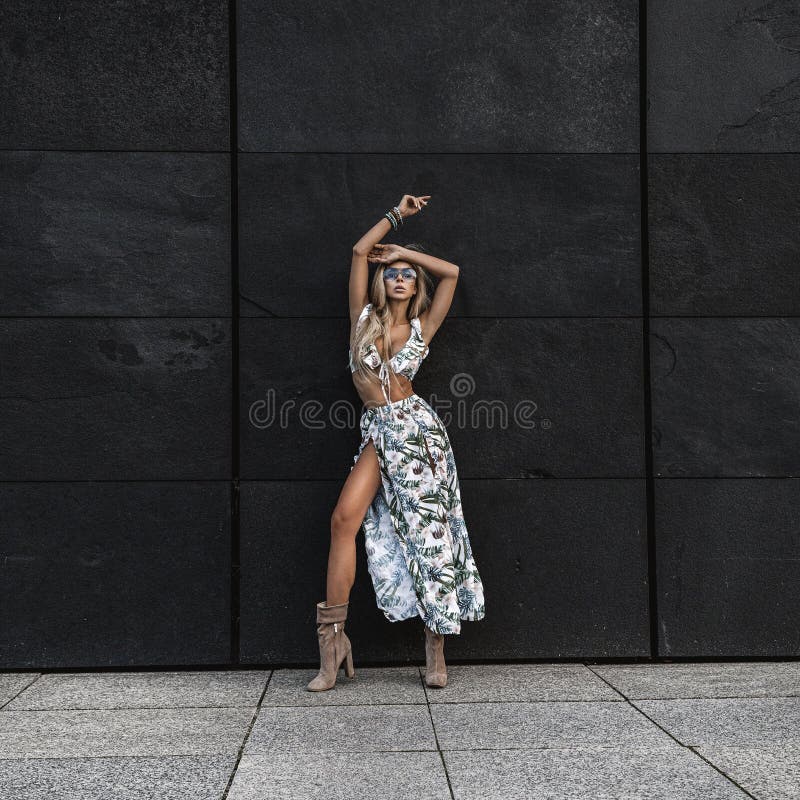 High Fashion Model In Elegant Clothing Woman Outdoor Floral Dress
