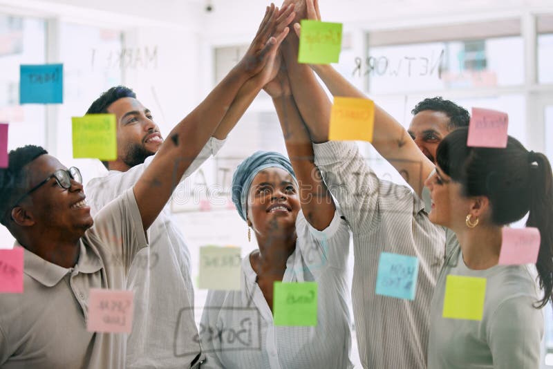 High Five, Business People and Sticky Notes for Success, Teamwork and ...