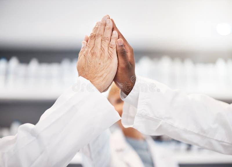 High Five Hands, Scientist and Group in Lab for Results, Success or ...