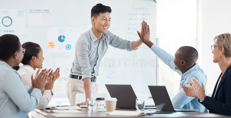 High Five, Motivation and Success with a Team in a Meeting for Planning ...