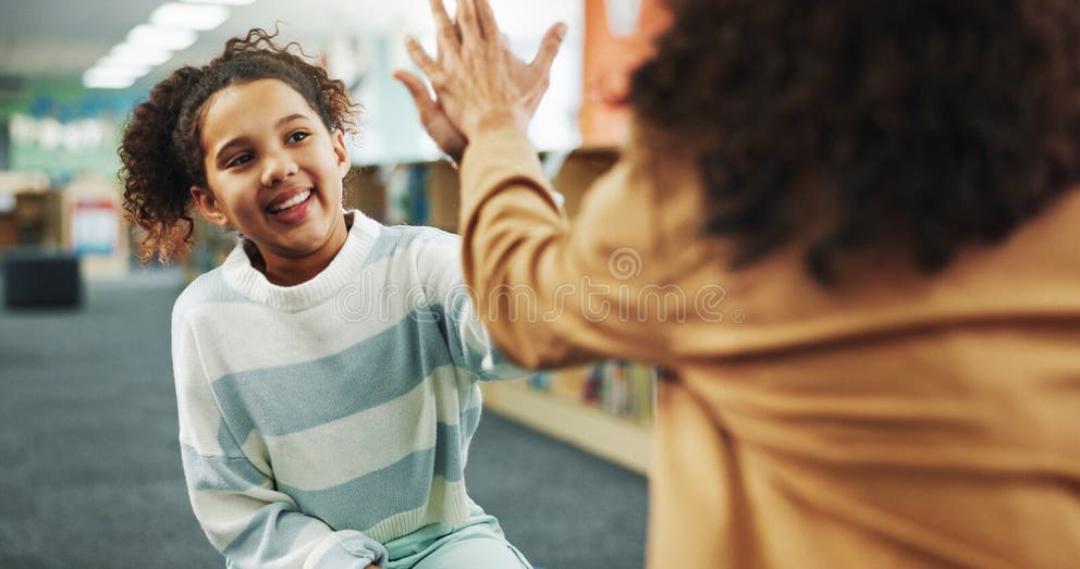 High Five, Smile and Child with Teacher, School and Celebration for ...