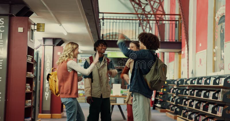 High Five, Students and Group in Library, Cheering or Gesture for ...