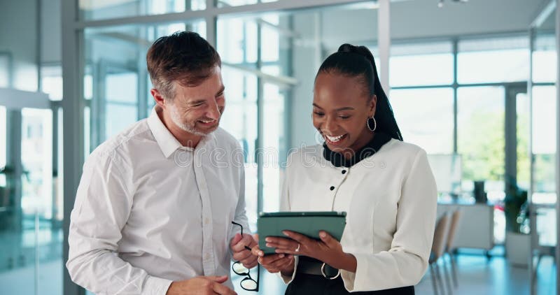 High Five, Tablet and Business People in Office, Support and Teamwork ...