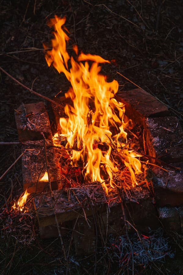 High Flame of a Bonfire. Fire in Night Stock Image - Image of fiery ...