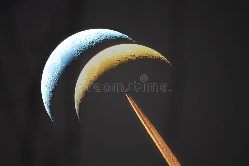 High Flight of an Airliner at Sundown and Moon - Double Exposure Stock ...