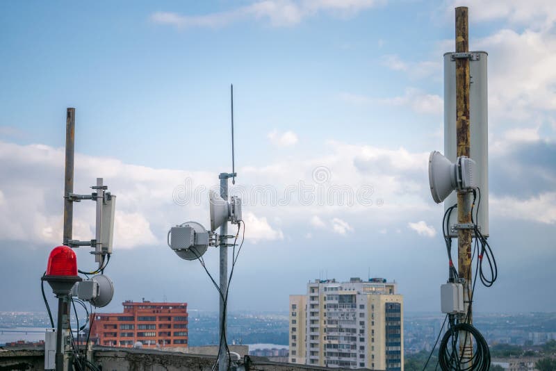 High Frequency Transmitters are on a Tall Building. Powerful Mobile ...