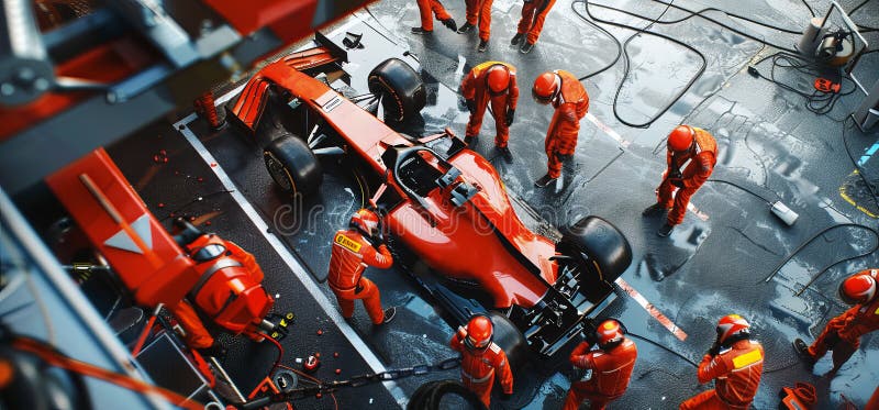 High-Intensity Pit Stop Scene with Team Mechanics Servicing a Formula ...