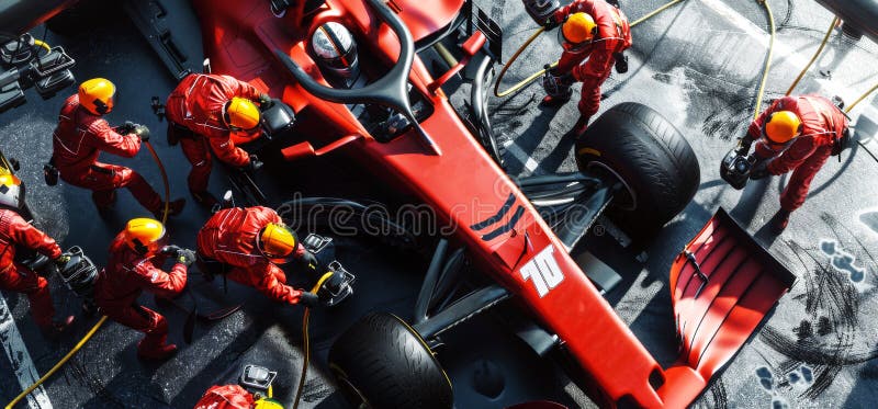 High-Intensity Pit Stop Scene with Team Mechanics Servicing a Formula ...