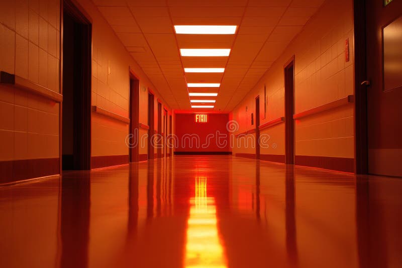 High-key Image of a Well-lit Hallway with Glowing Red Lights and ...