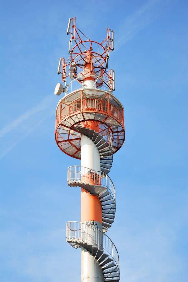 High Lookout Tower with Stairs and Telecommunications Devices Stock ...