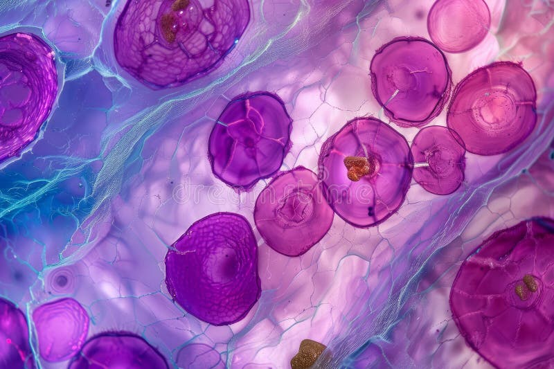 High Magnification View Showing Detailed Plant Cells Under A Microscope With Vivid Colors Stock