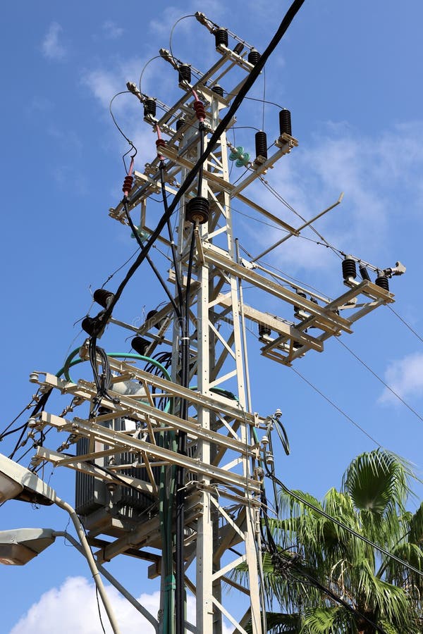 Electric Wires on a Support Along Which Electric Current Flows Stock ...