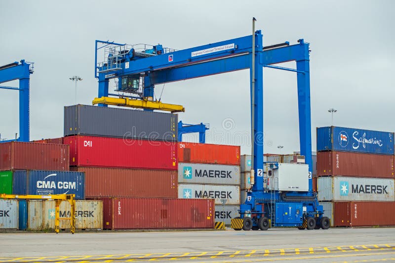 Big Modern Blue Gantry Crane and a Railroad Wagons Editorial Photo ...