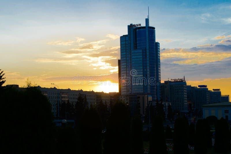 High Modern Urban Building Against the Background of a Sunset in the ...